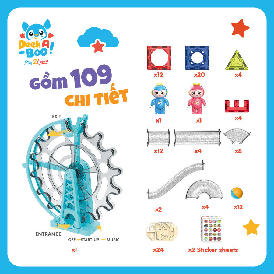 Đồ chơi STEAM xếp hình nam châm với vòng xoay-109 chi tiết PEEK A BOO